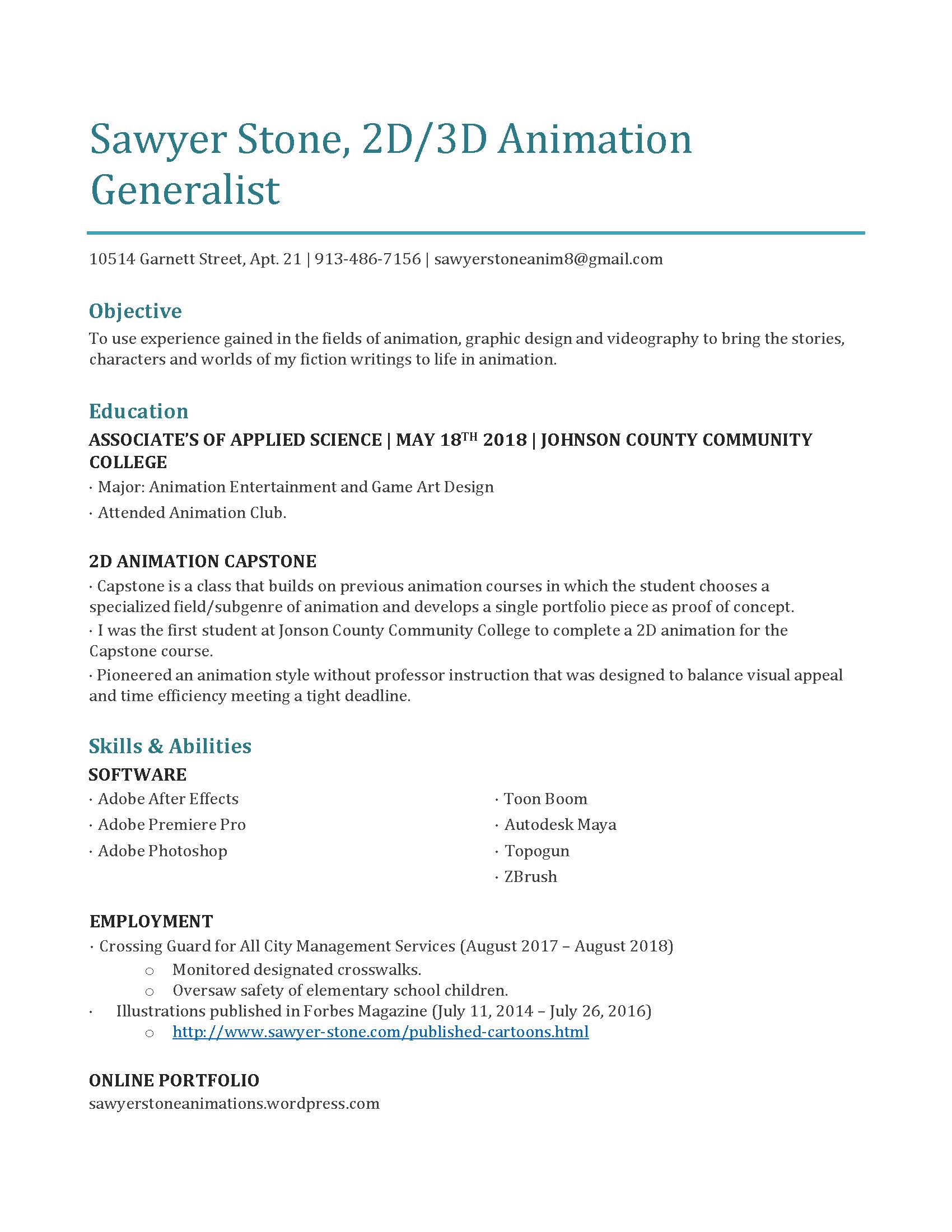 Resume | Sawyer Stone Animations